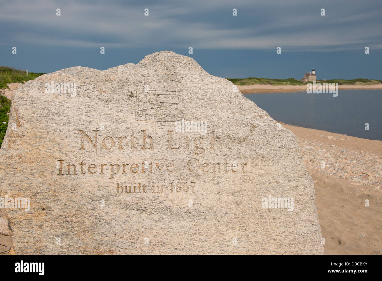Rhode Island, Block Island, Sandy Point. Engraved stone sign with ...