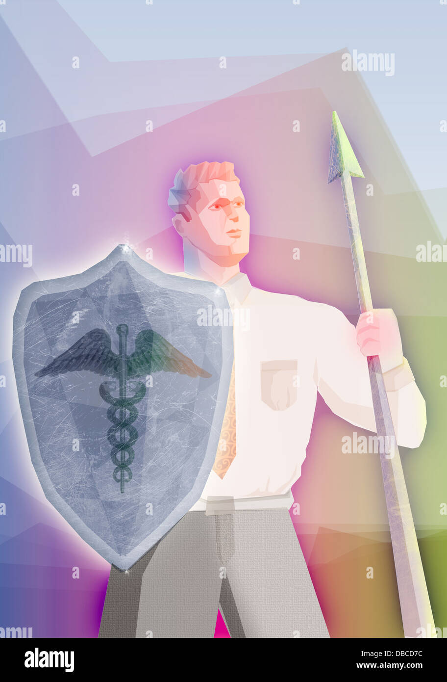 Illustrative image of man holding spear and shield with caduceus ...