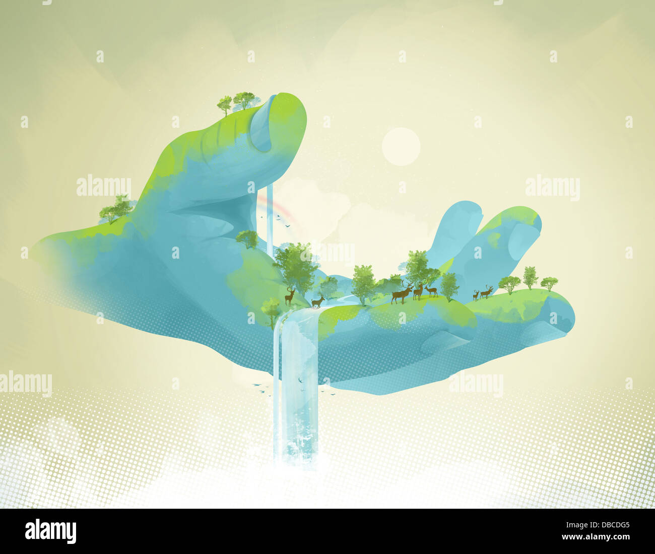 Illustrative image of nature in human hand representing environment ...