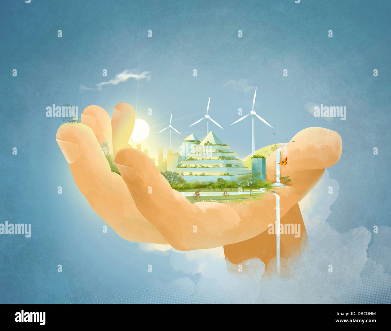 Illustrative image of building and wind turbines in human hand ...