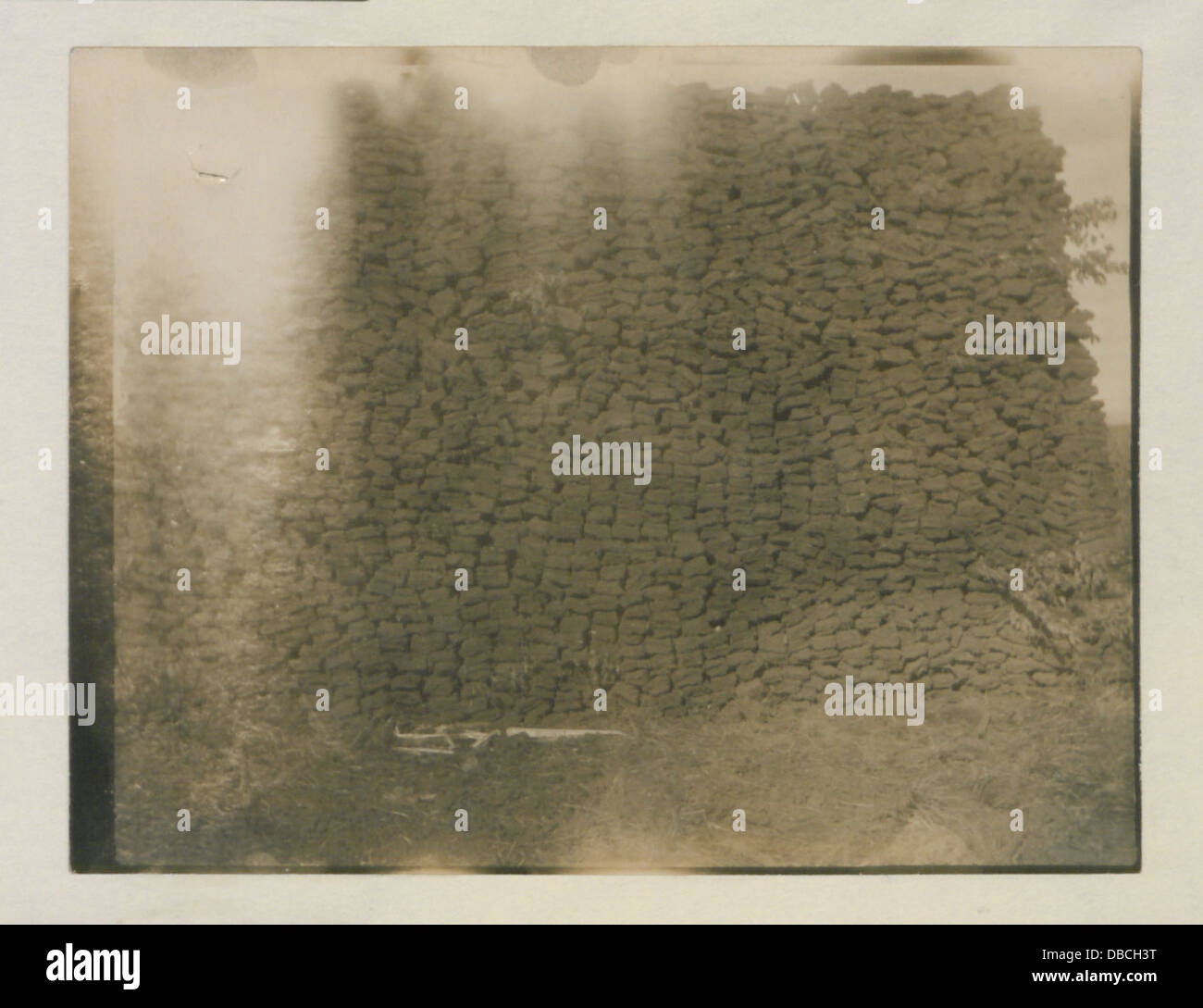 This photograph captures the process of peat manufacturing, a ...