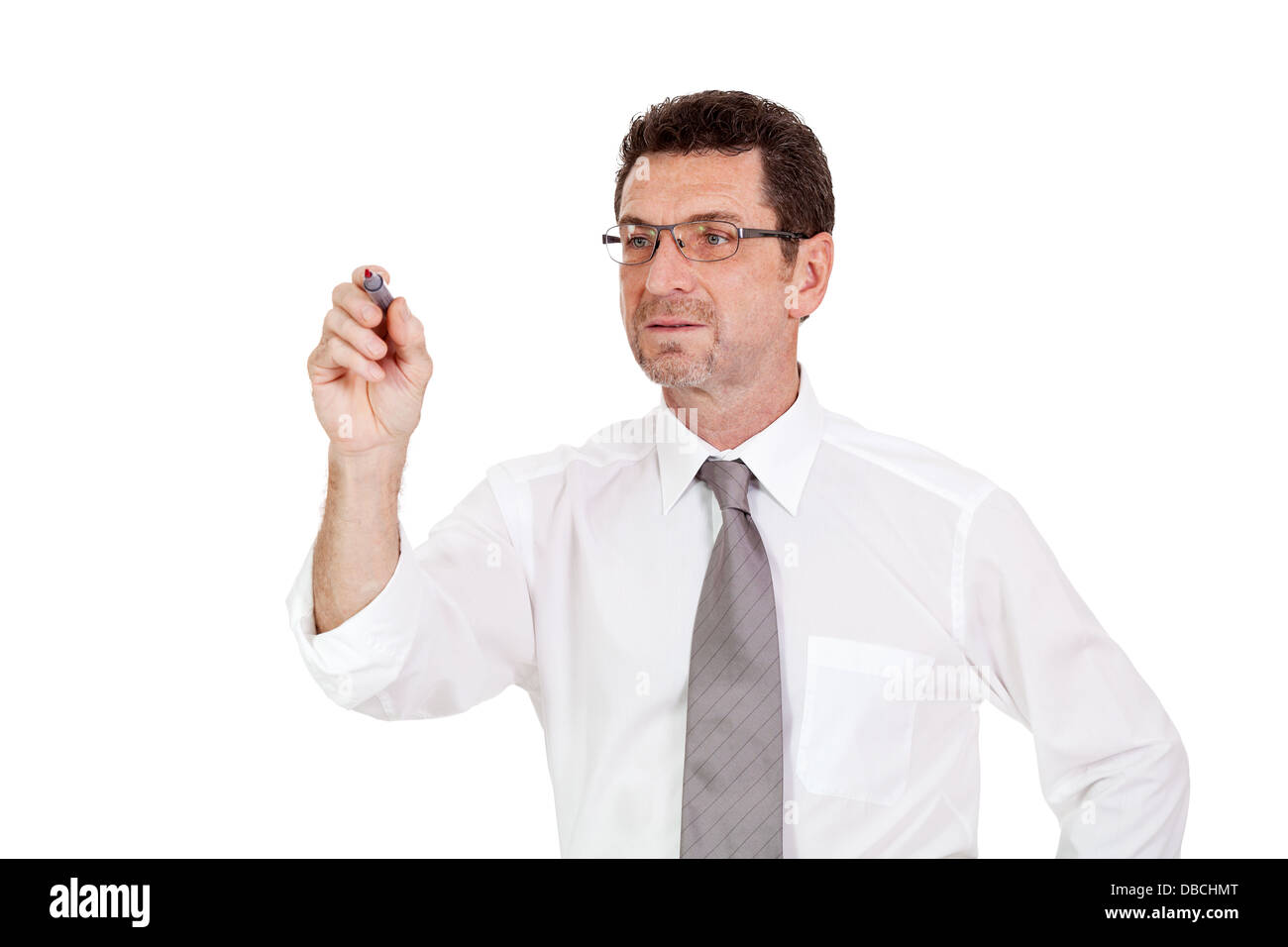 smiling adult businessman write with red pen isolated on white ...