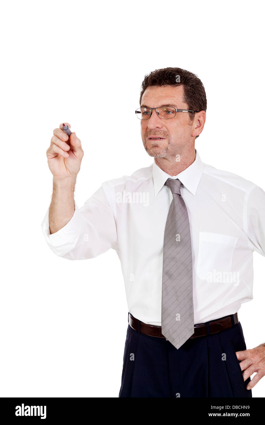 smiling adult businessman write with red pen isolated on white ...