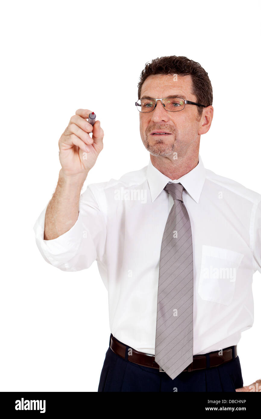 smiling adult businessman write with red pen isolated on white ...