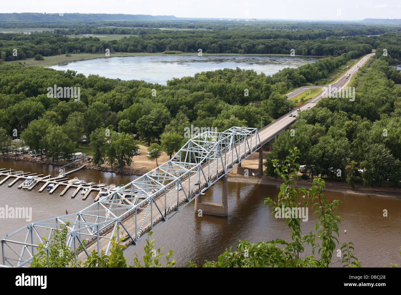 An aerial view of a bridge over the Mississippi River near Red Wing ...