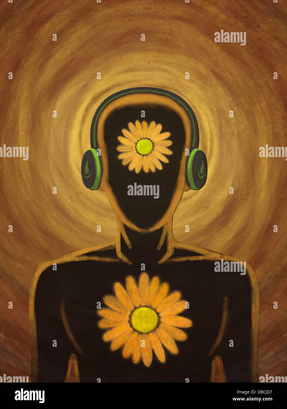 Illustration of man wearing headset representing inner peace Stock ...