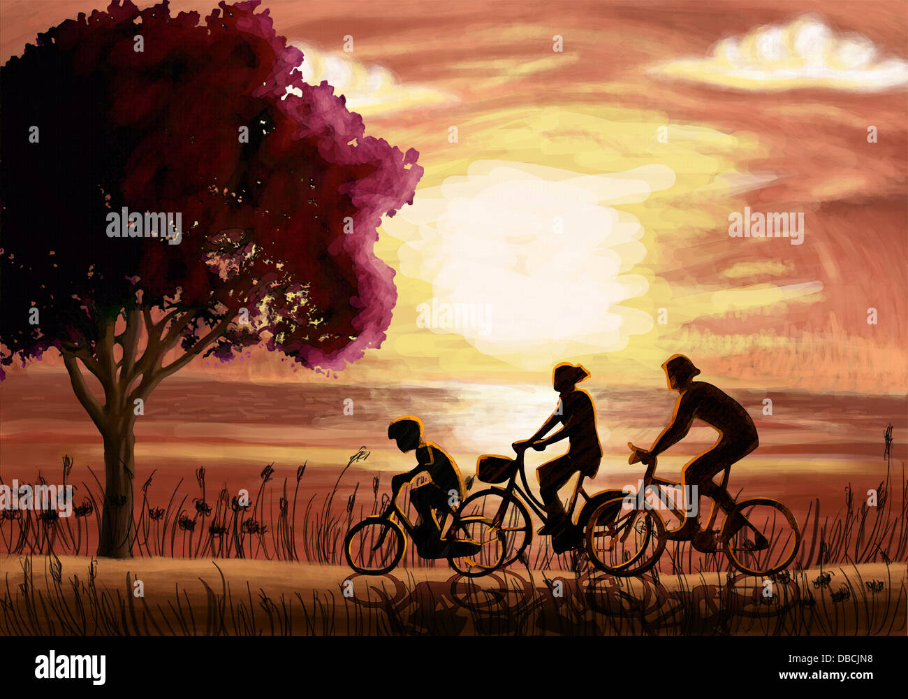 Illustration of family riding bicycle at beach during sunset Stock ...