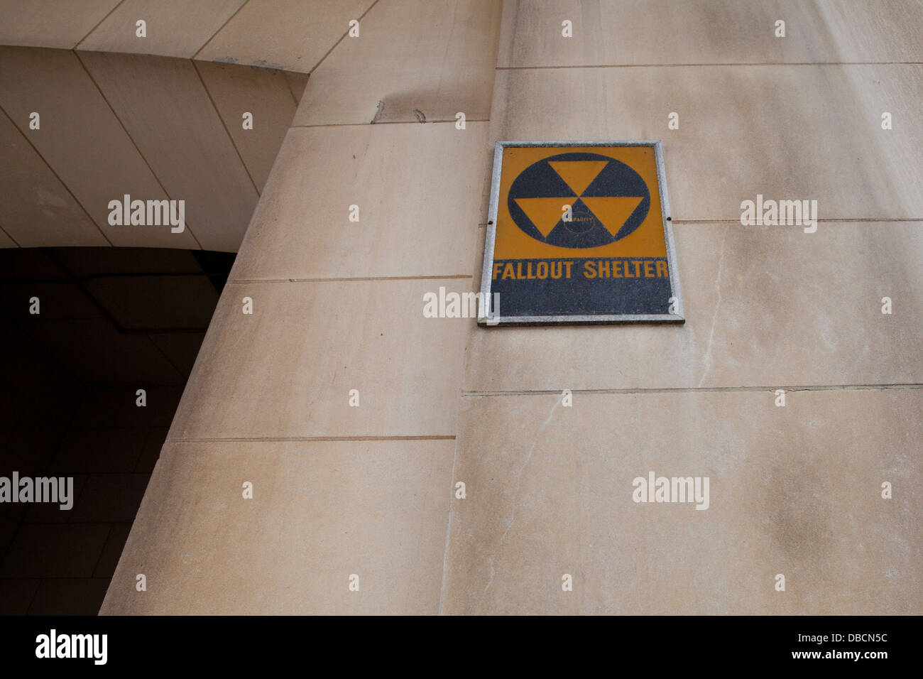 Fallout shelter sign on building entrance - Washington DC USA Stock ...