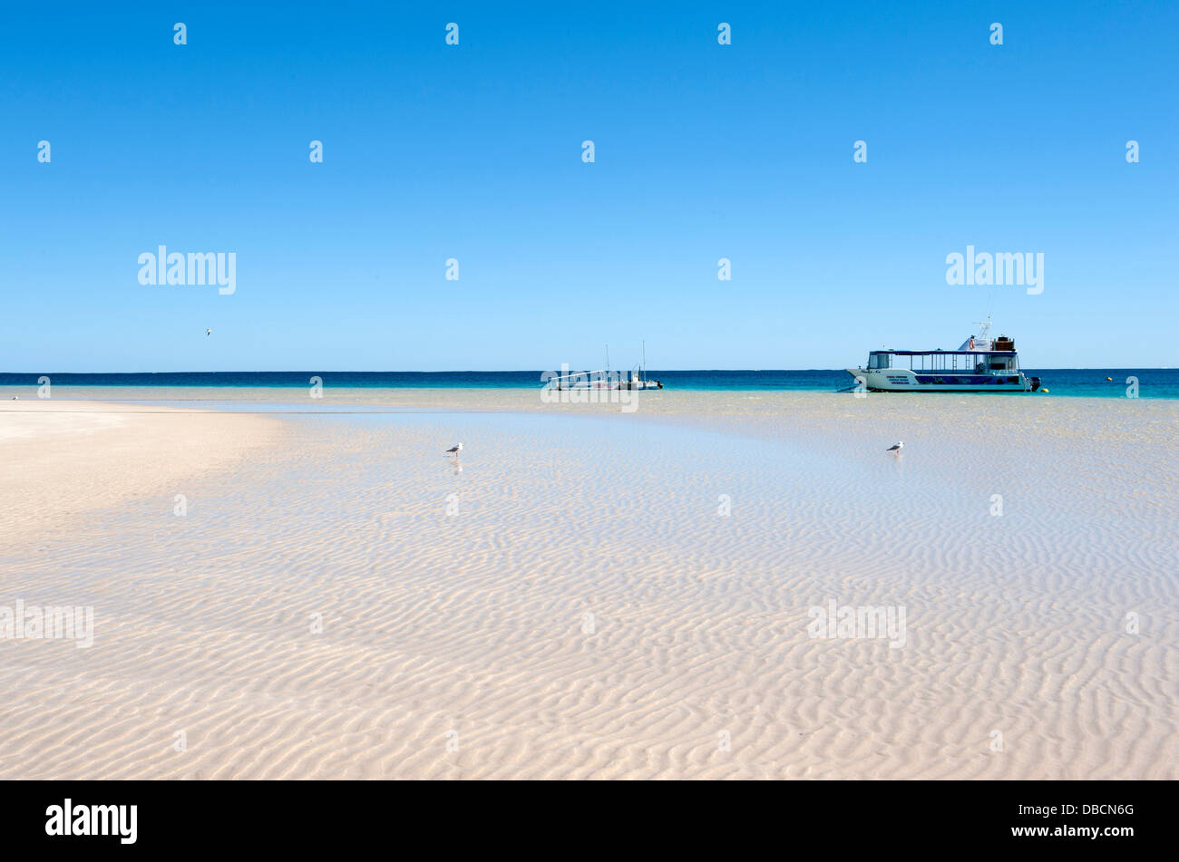 The white beach and turquoise waters of Coral Bay, a popular holiday ...