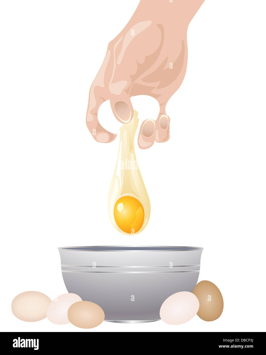 an illustration of a hand breaking an egg into a bowl isolated on a ...