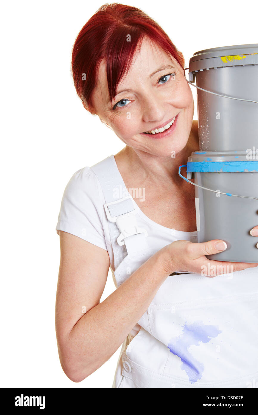 Happy painter woman with two paint buckets Stock Photo - Alamy