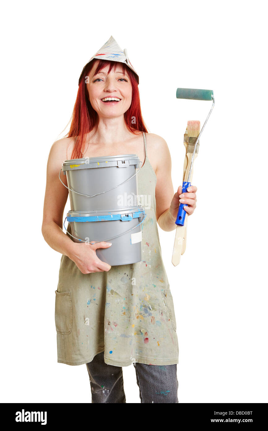 Happy woman with different paint buckets and brush Stock Photo - Alamy