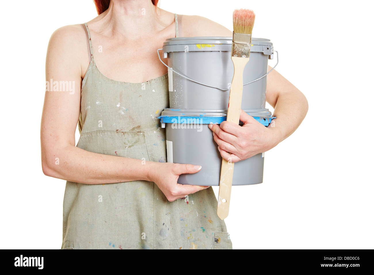 Woman carrying two paint buckets and a brush Stock Photo - Alamy