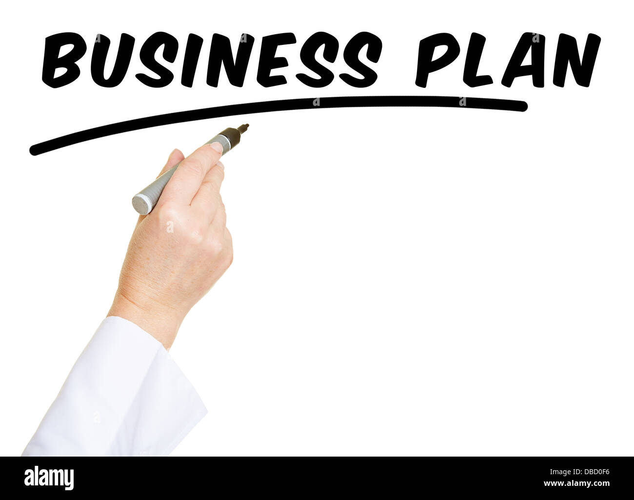 Hand with pen writing the word Business Plan Stock Photo - Alamy