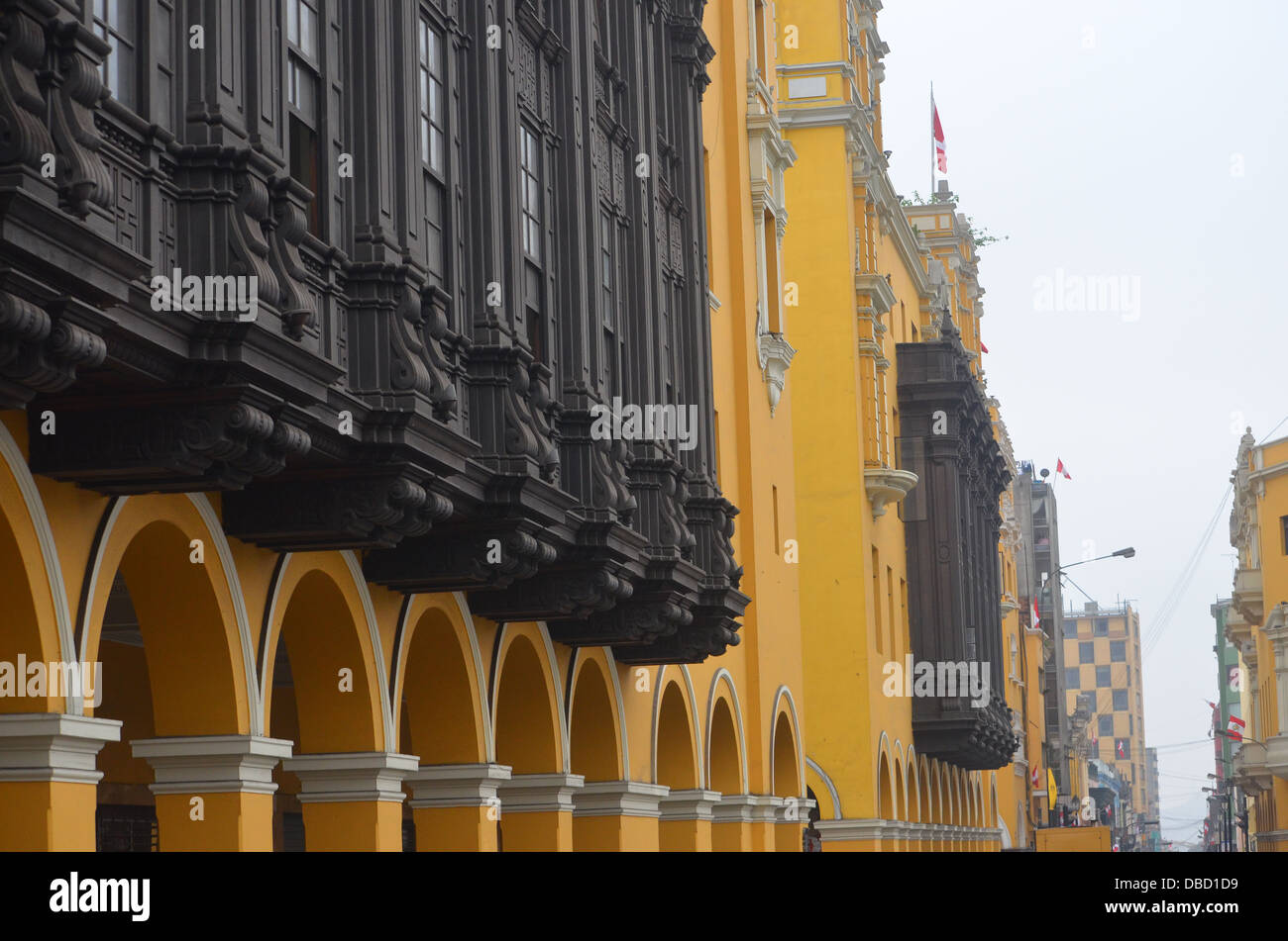 Elaborately carved wooden balconies in the Spanish colonial Plaza de ...