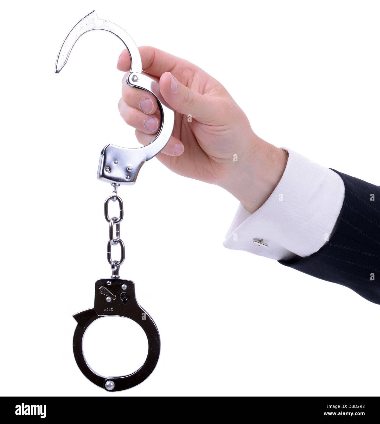 businessman hand holding out handcuffs isolated on white Stock Photo ...