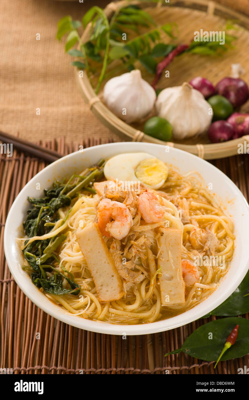 Prawn mee, prawn noodles. Famous Malaysian food spicy fresh cooked har ...