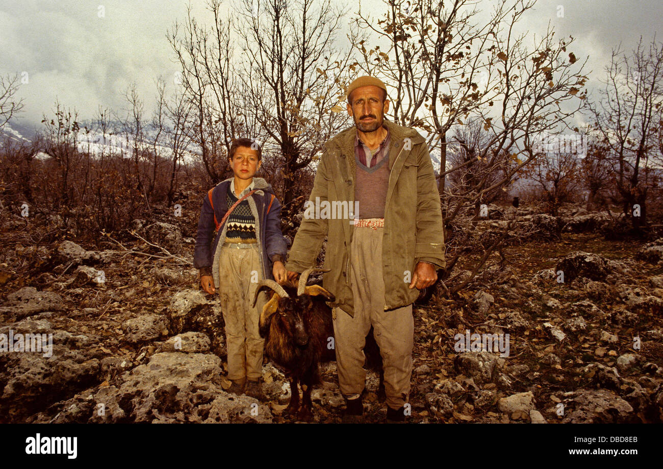 March 1995. Cudi mountains, south-east Turkey. Kurdish father and son ...