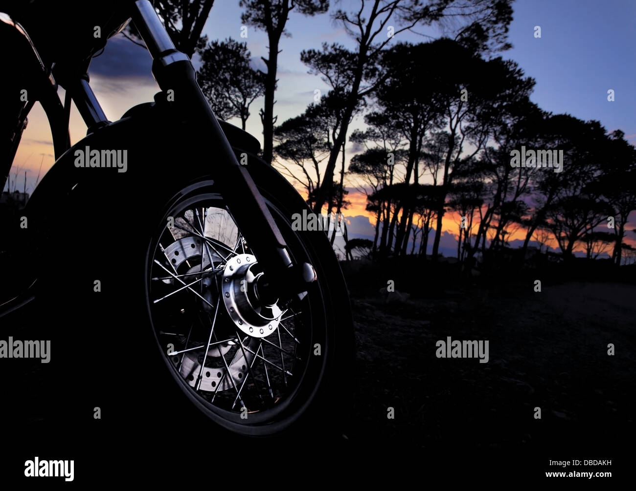 Closeup picture of motorbike detail on dark night forest background ...