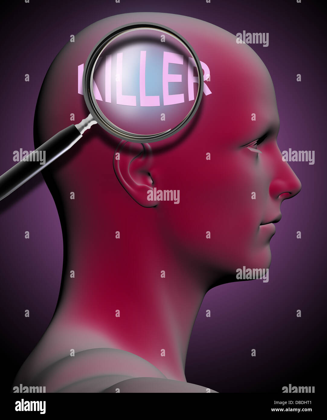 profile of a man with close up of magnifying glass on KILLER made in 3d ...