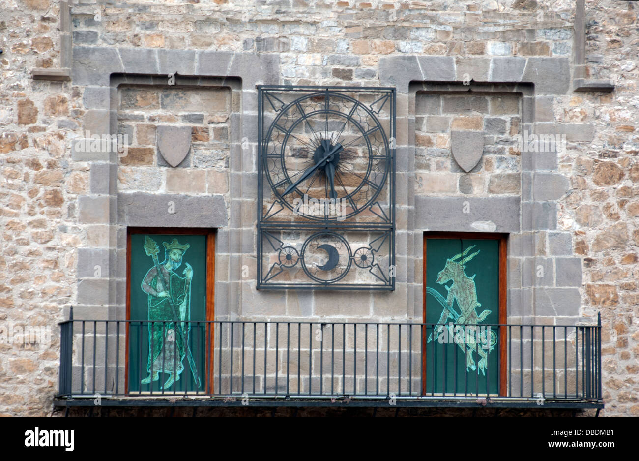 SPAIN; CANTABRIA; POTES TOWER CLOCK AND EMBLEMS; TORRES DEL INFANTADO ...