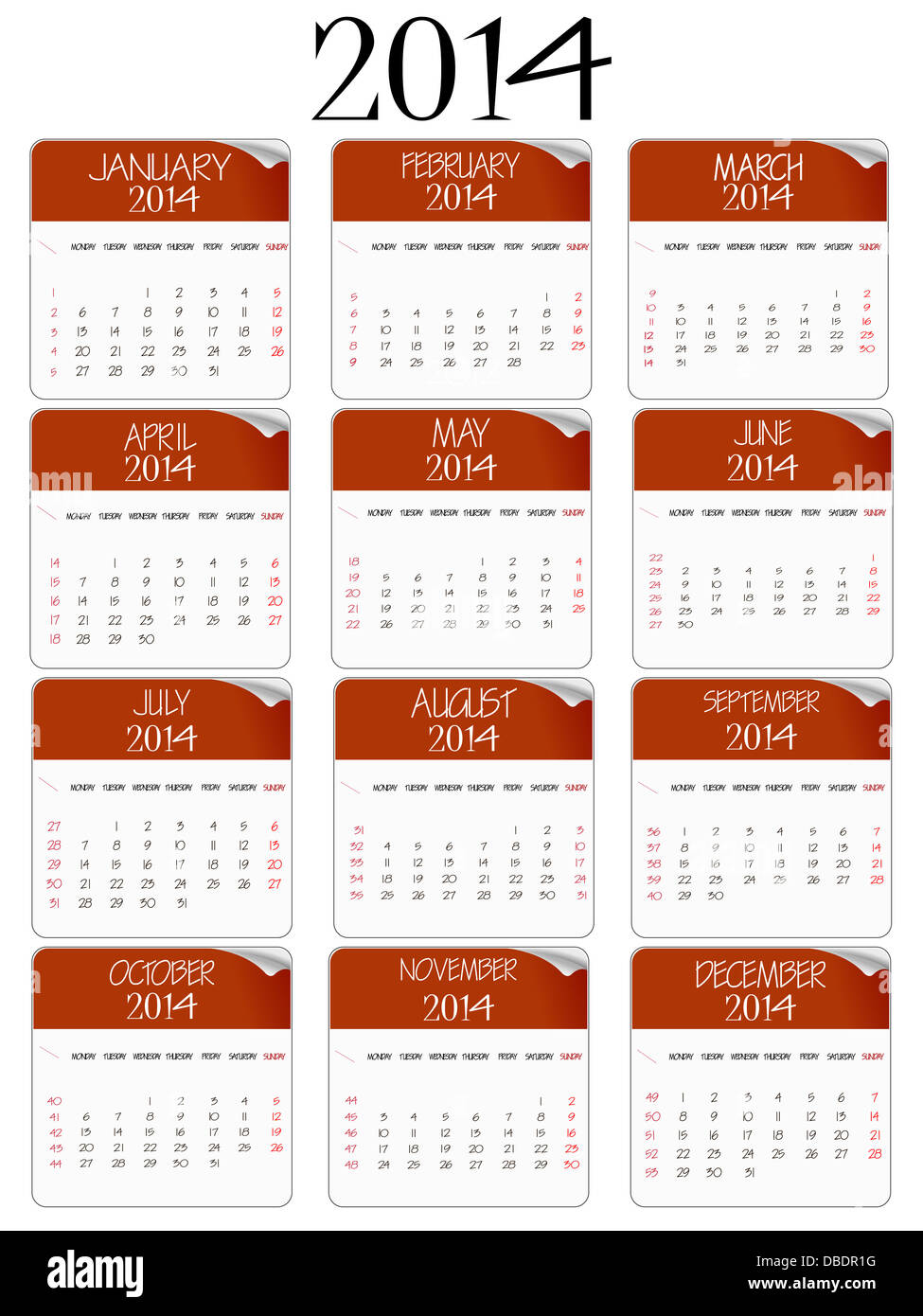 red and white paper calendar 2014 against white background, abstract ...