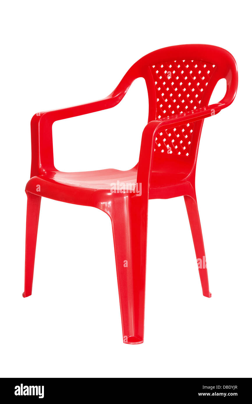 Red plastic chair isolated on a white background Stock Photo - Alamy