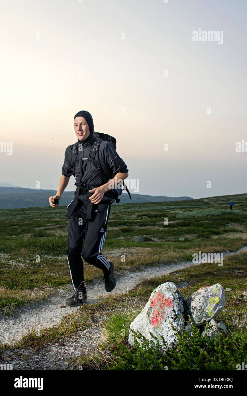 An athlete running on the Hardangervidda Plateau, Norway Stock Photo ...