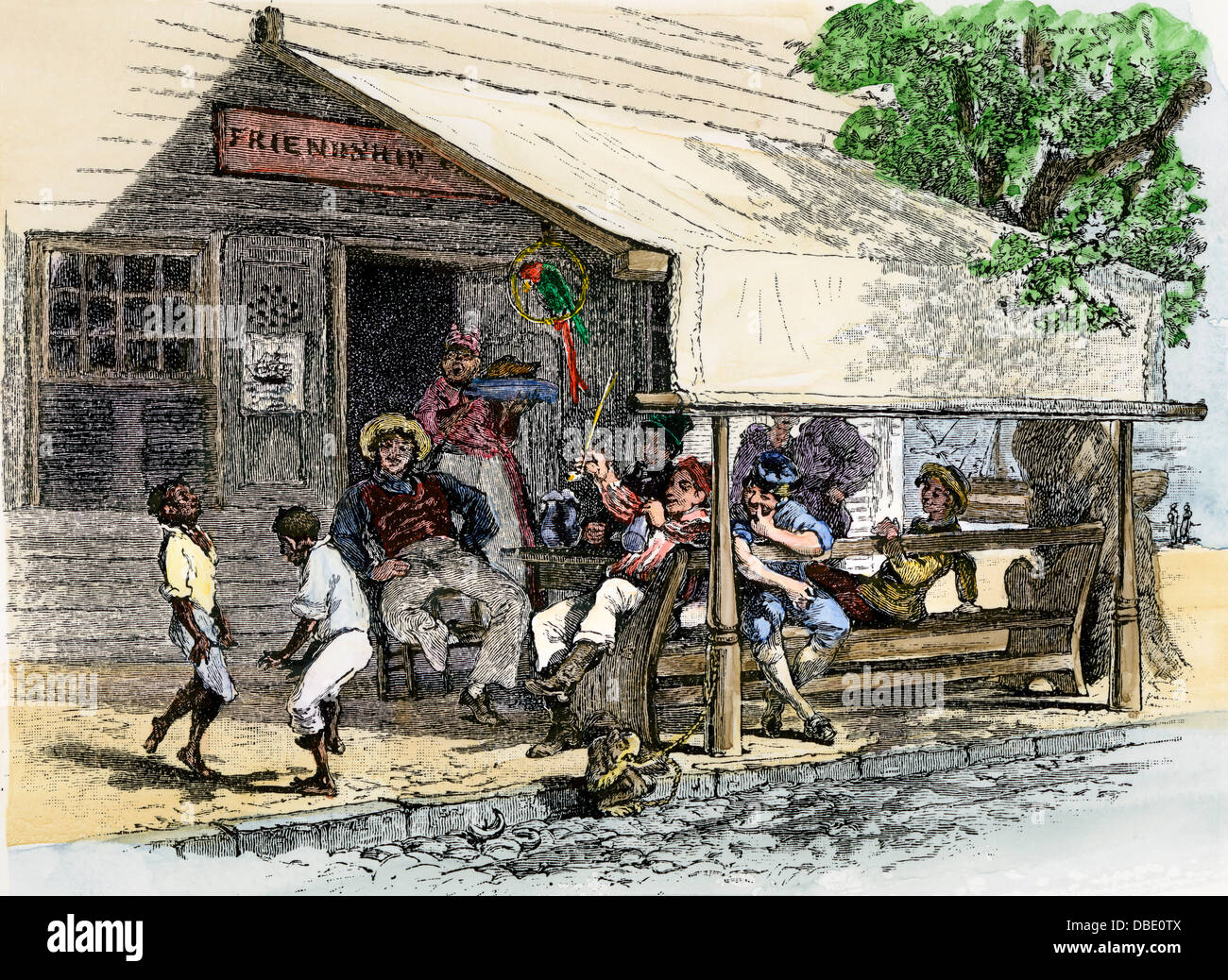 Sailors enjoying time ashore in Baltimore, Maryland, 1800s. Hand ...