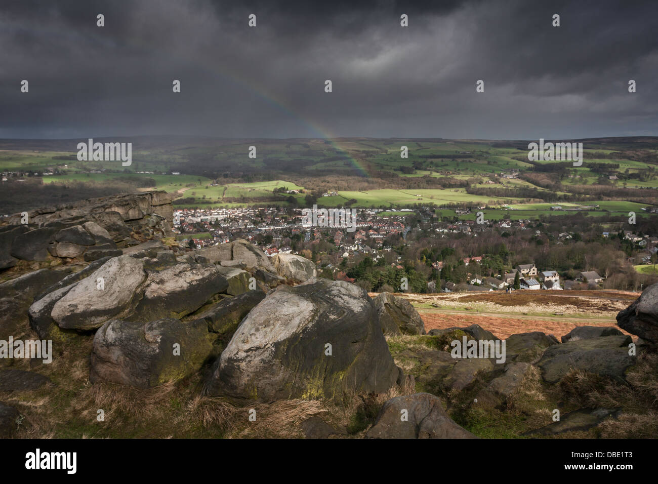 Rain storm and rainbow, Ilkley, West Yorkshire, England, United Kingdom ...