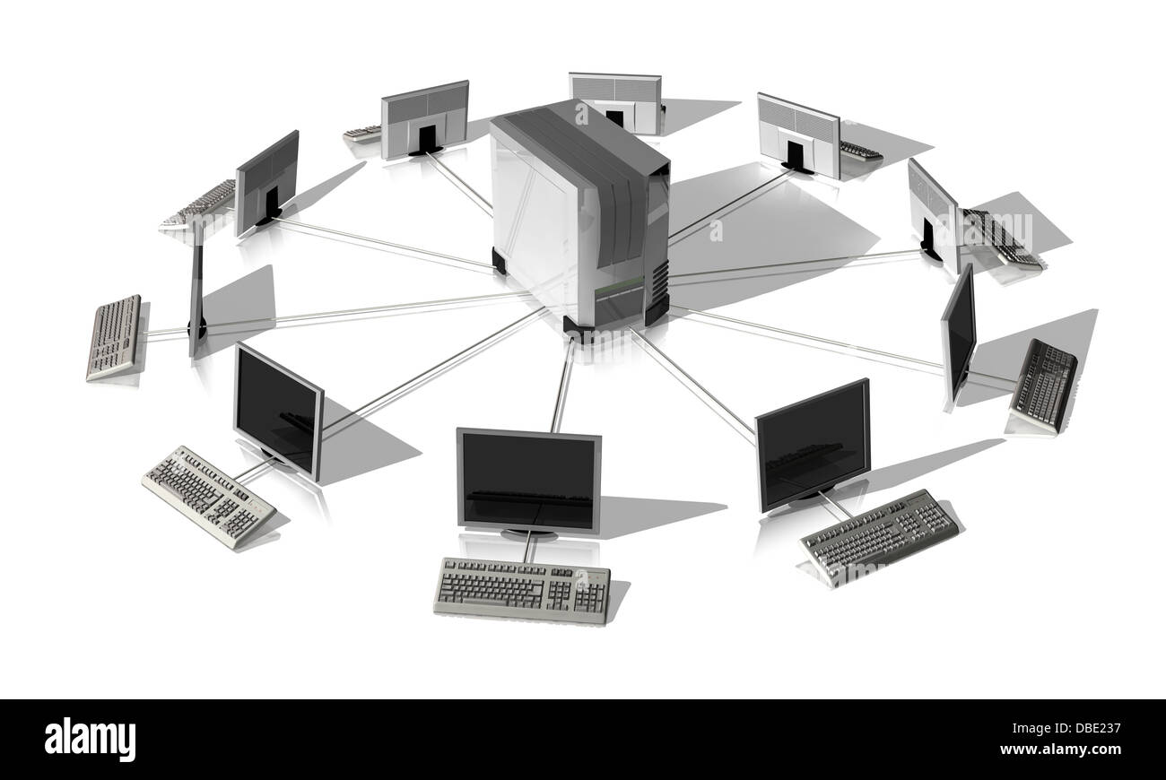 It network around a server isolated on white Stock Photo - Alamy