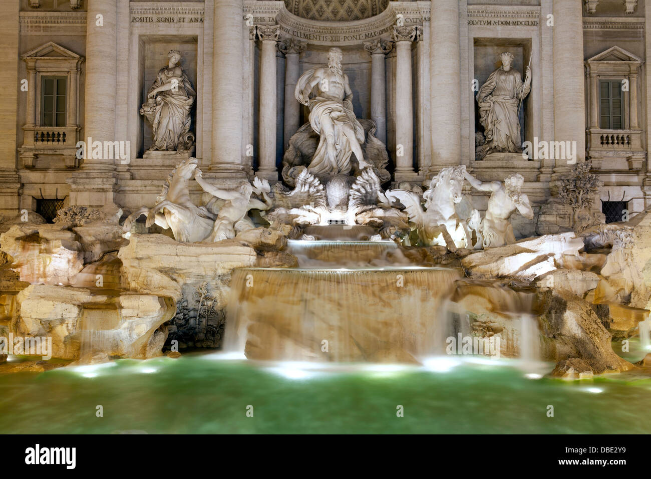 Night view of the Trevi Fountain, eighteenth-century Baroque fountain ...