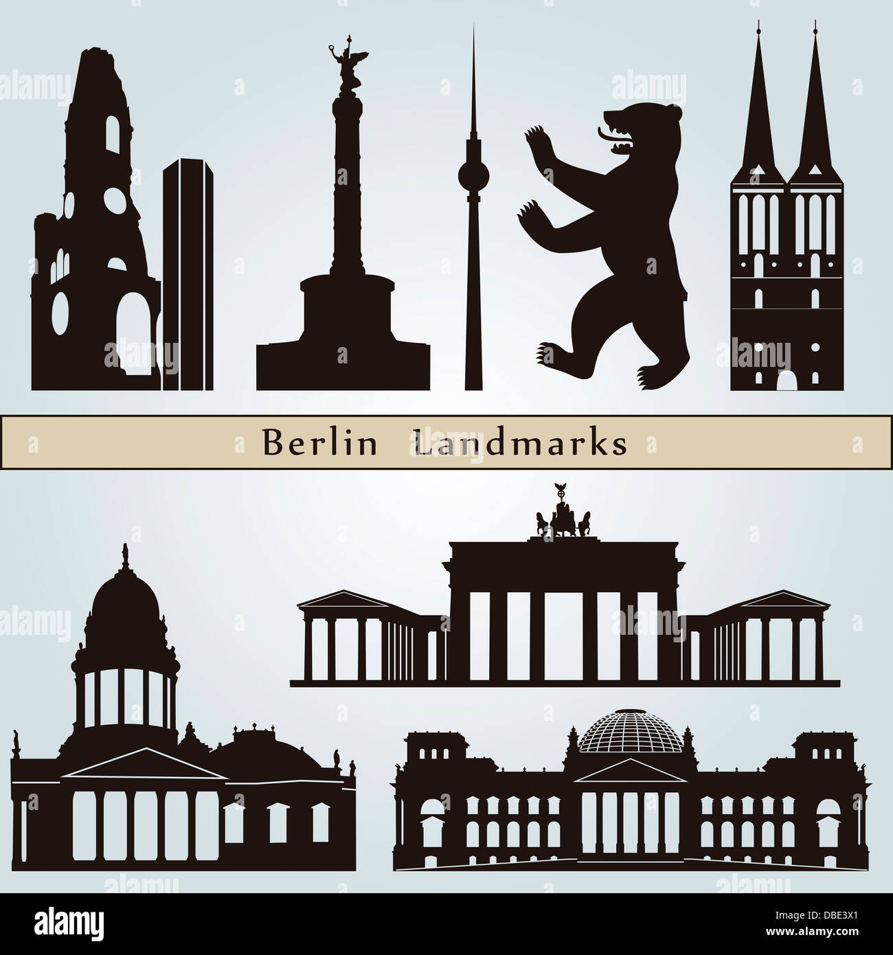 Berlin landmarks and monuments isolated on blue background in editable ...