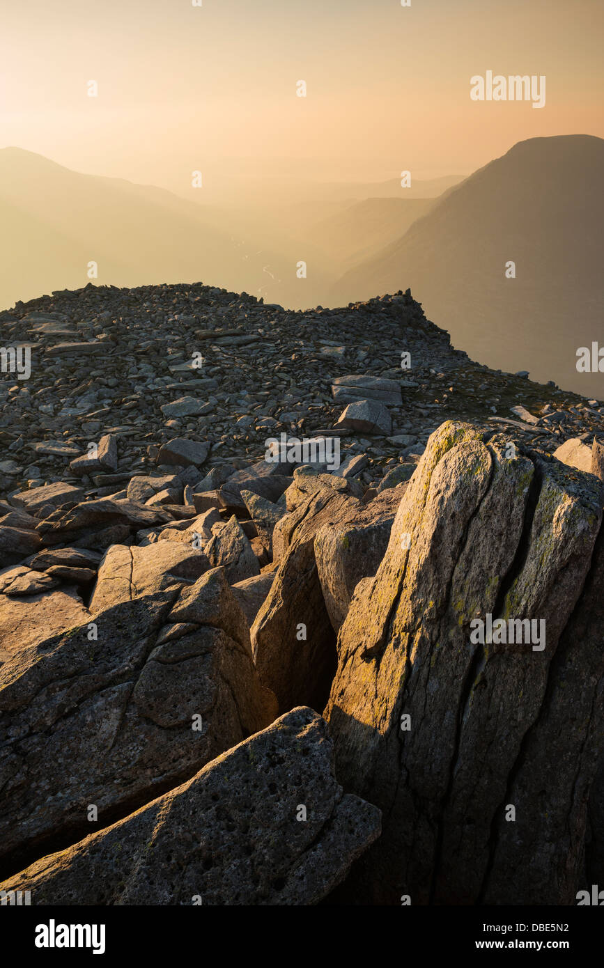 View from rocky summit of Glyder Fach towards Ogwen valley Snowdonia ...