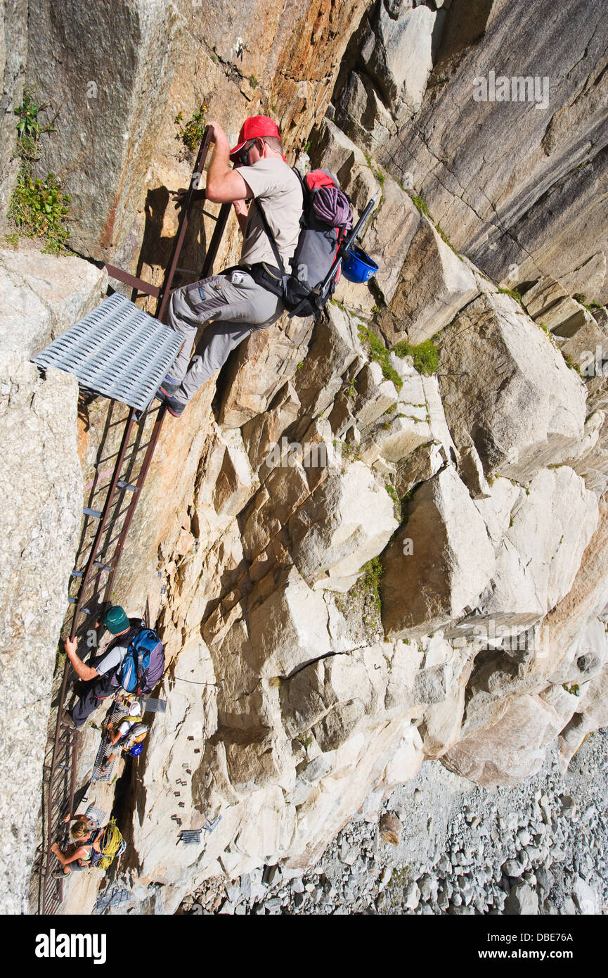 ladders on a rock face above Mer de Glace, Mont Blanc range, Chamonix ...