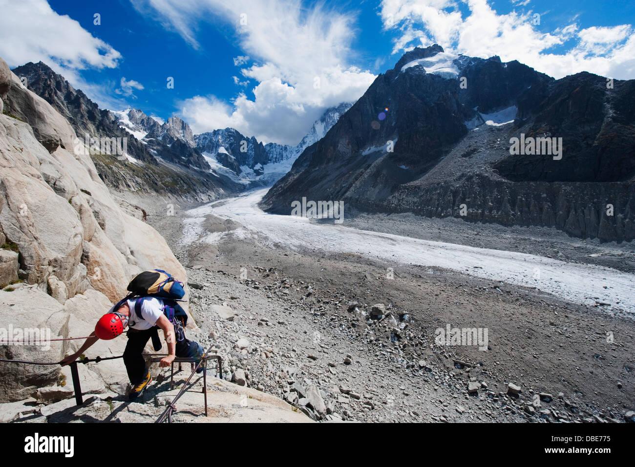 ladders on a rock face above Mer de Glace, Mont Blanc range, Chamonix ...