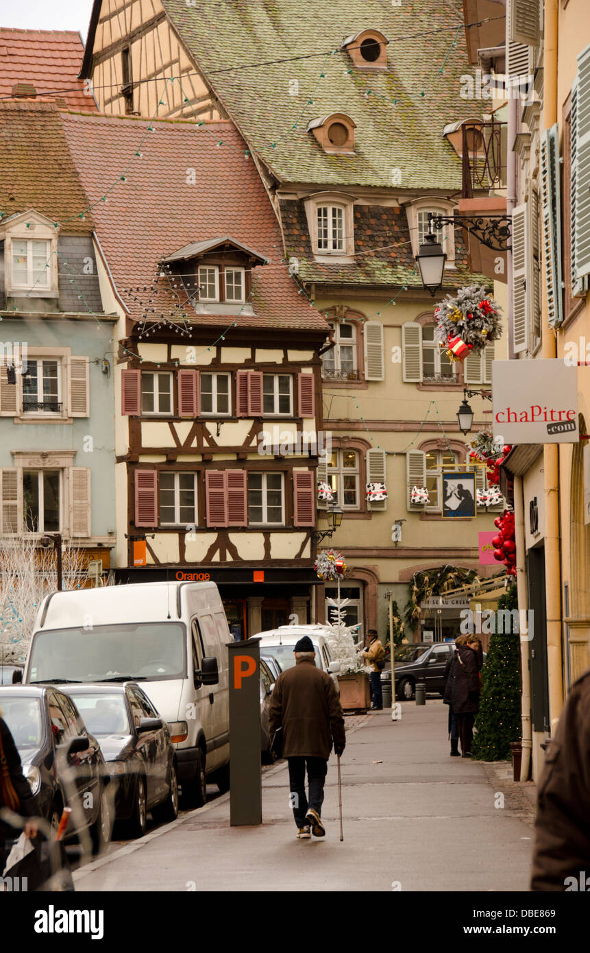 France, Alsace, Colmar. Typical street scene in historic downtown ...