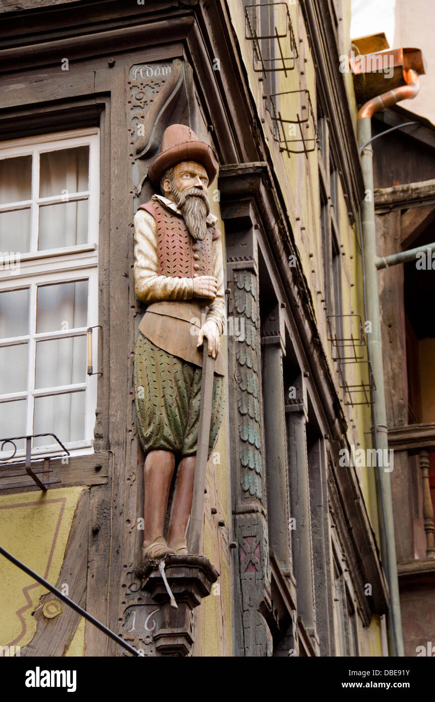 France, Alsace, Colmar. Historic downtown building detail with wooden ...