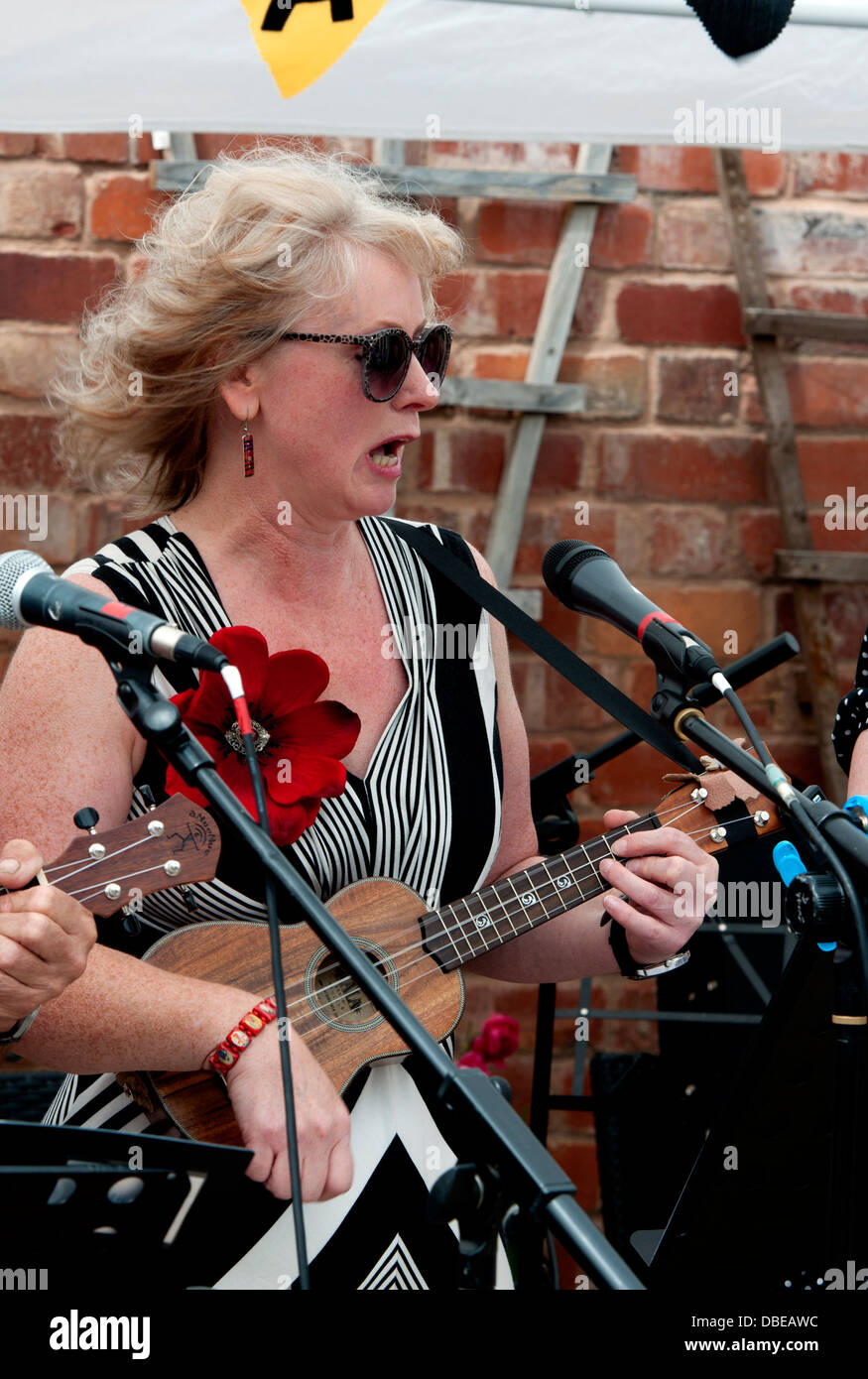 Woman singing and playing a ukulele Stock Photo - Alamy