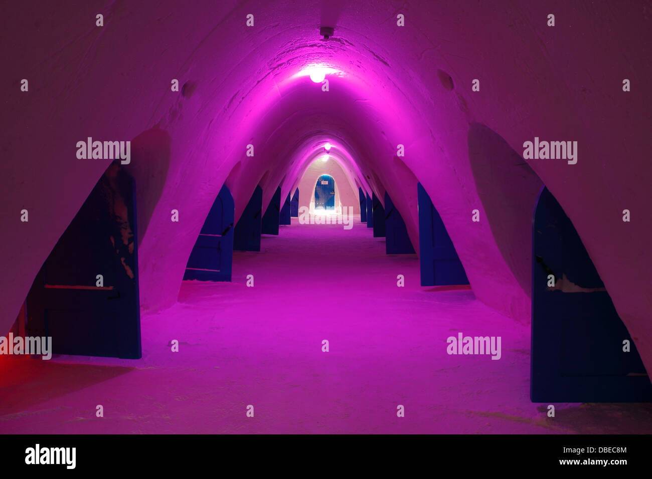 Ice corridor in the ice hotel of Lumilinna Snow Castle, Kemi, Finland ...