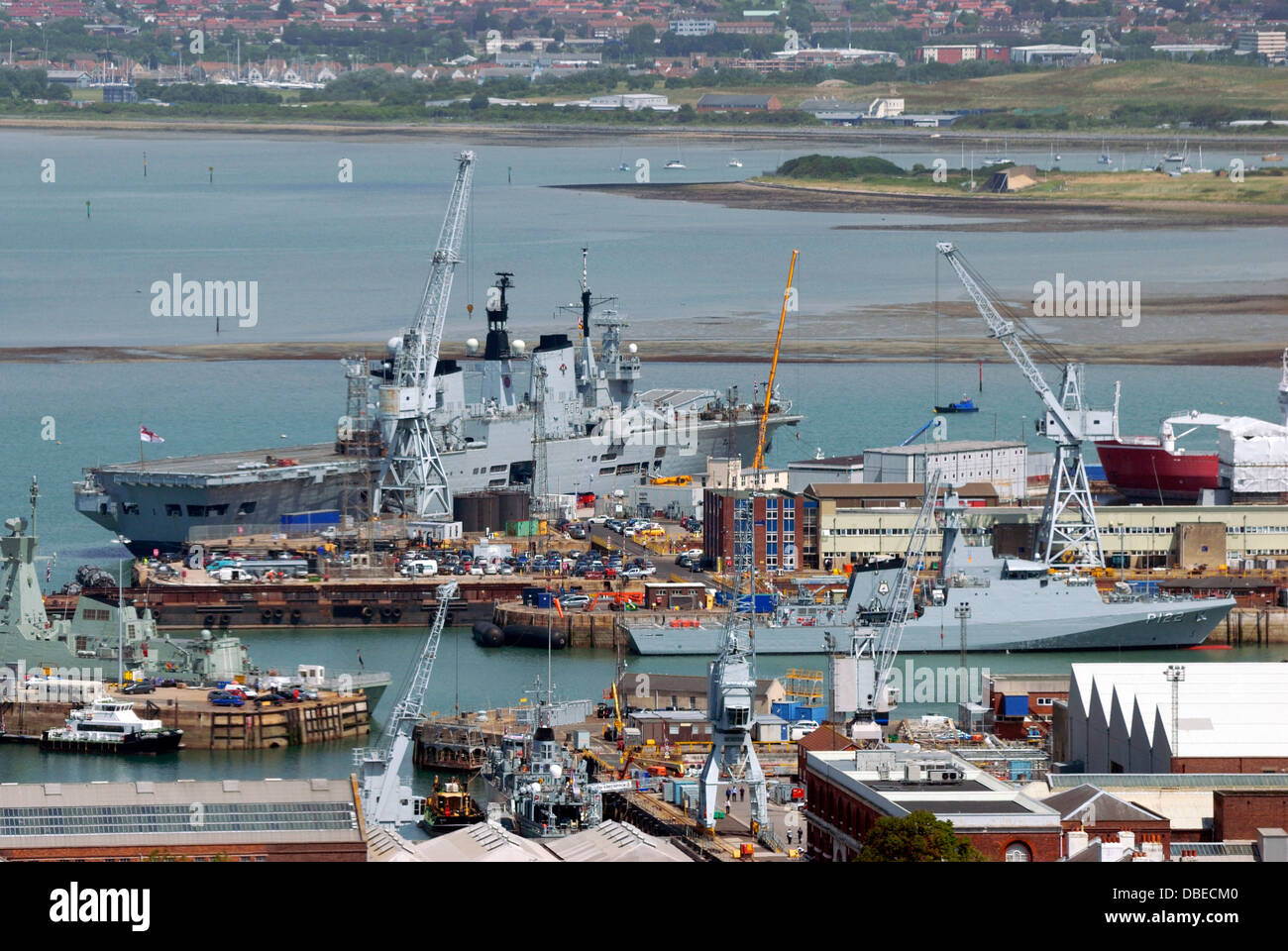 An aerial view of part of the Royal Navy base at Portsmouth Harbour ...