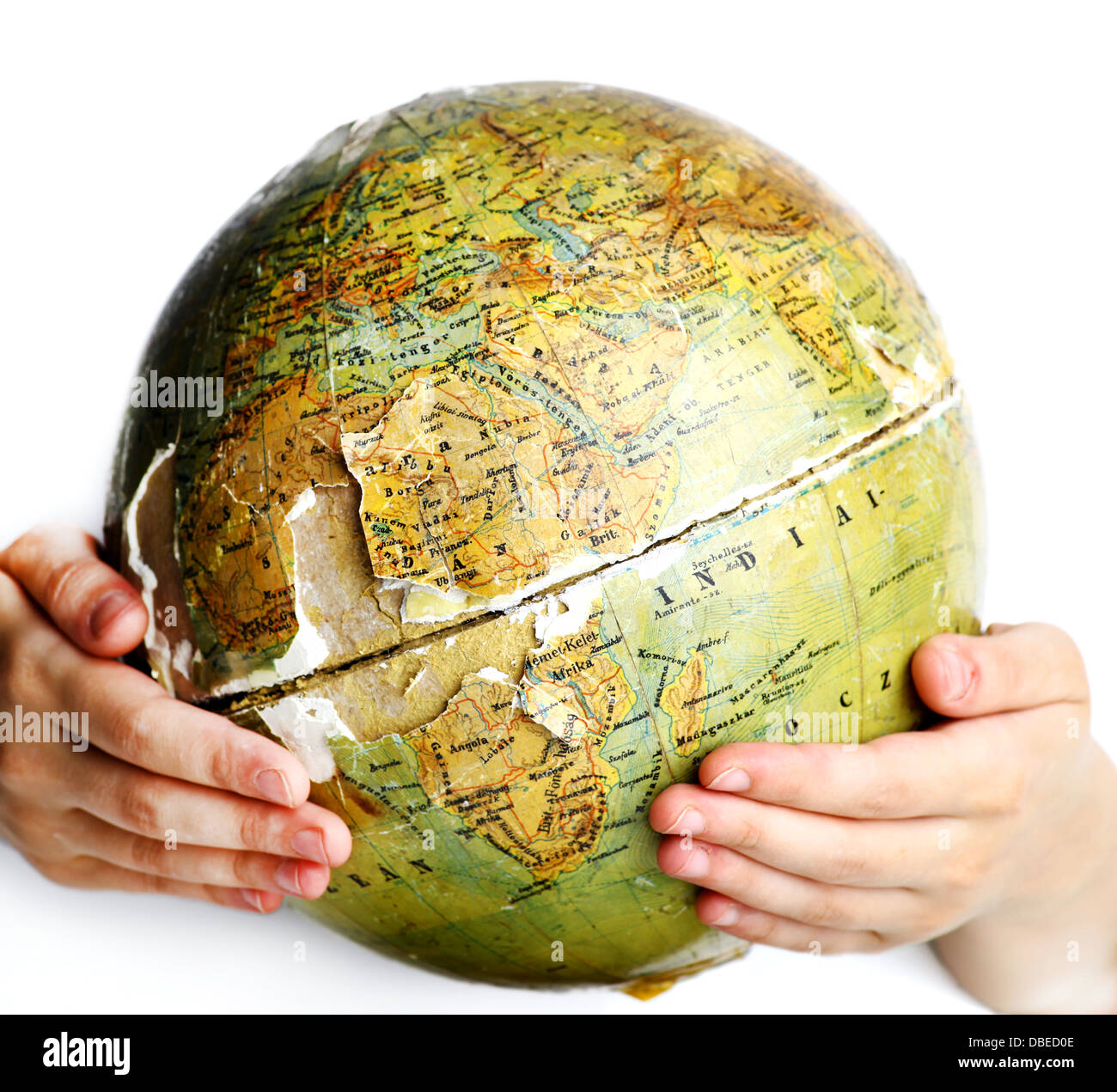 Two hands holding a broken globe, illustration for a damaged planet ...