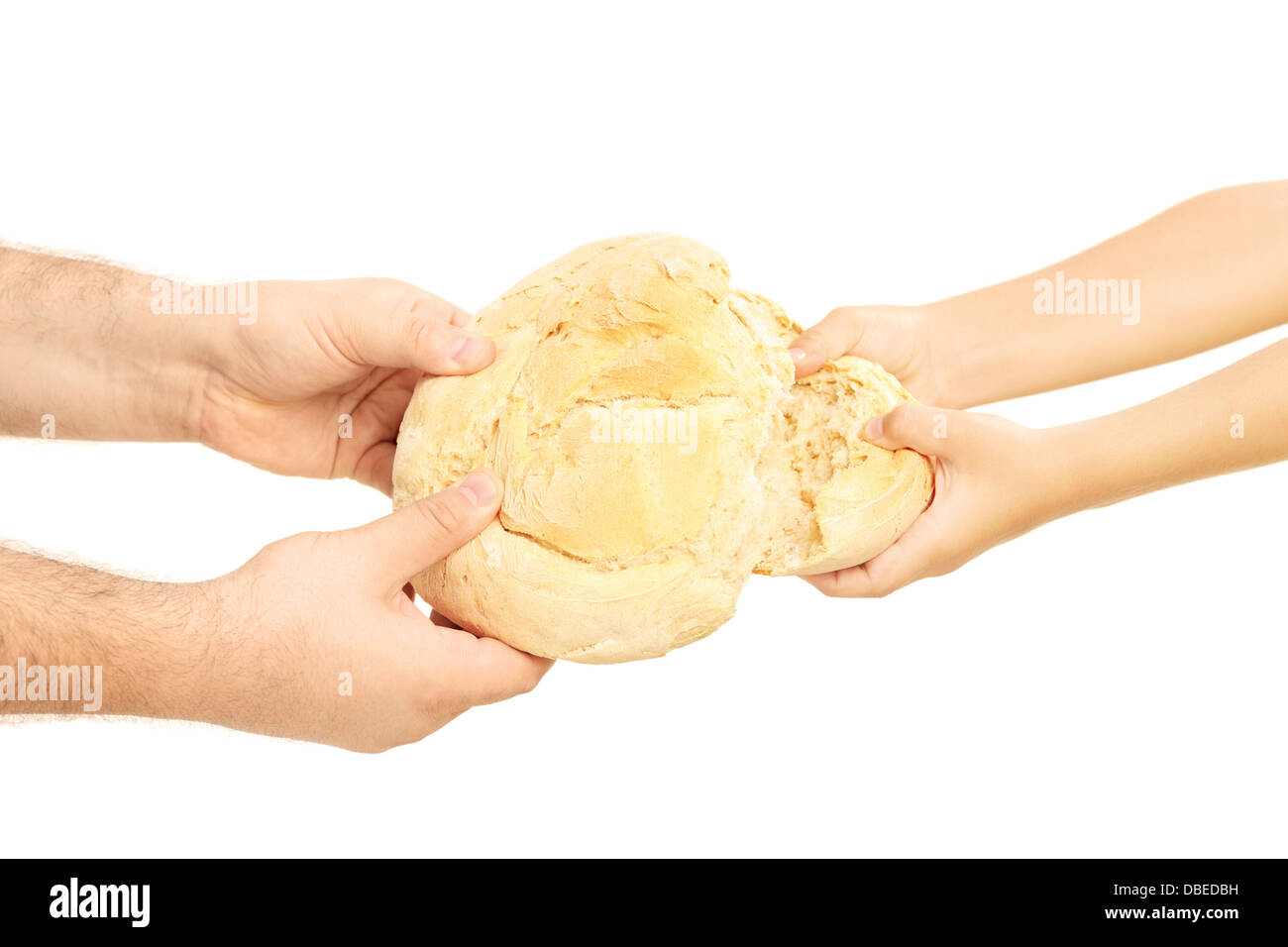 Man and child breaking apart a bread loaf Stock Photo - Alamy