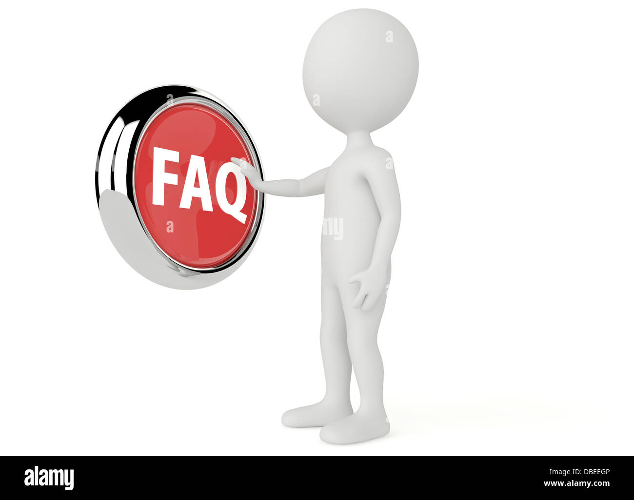 3d humanoid character push a faq button on white Stock Photo - Alamy