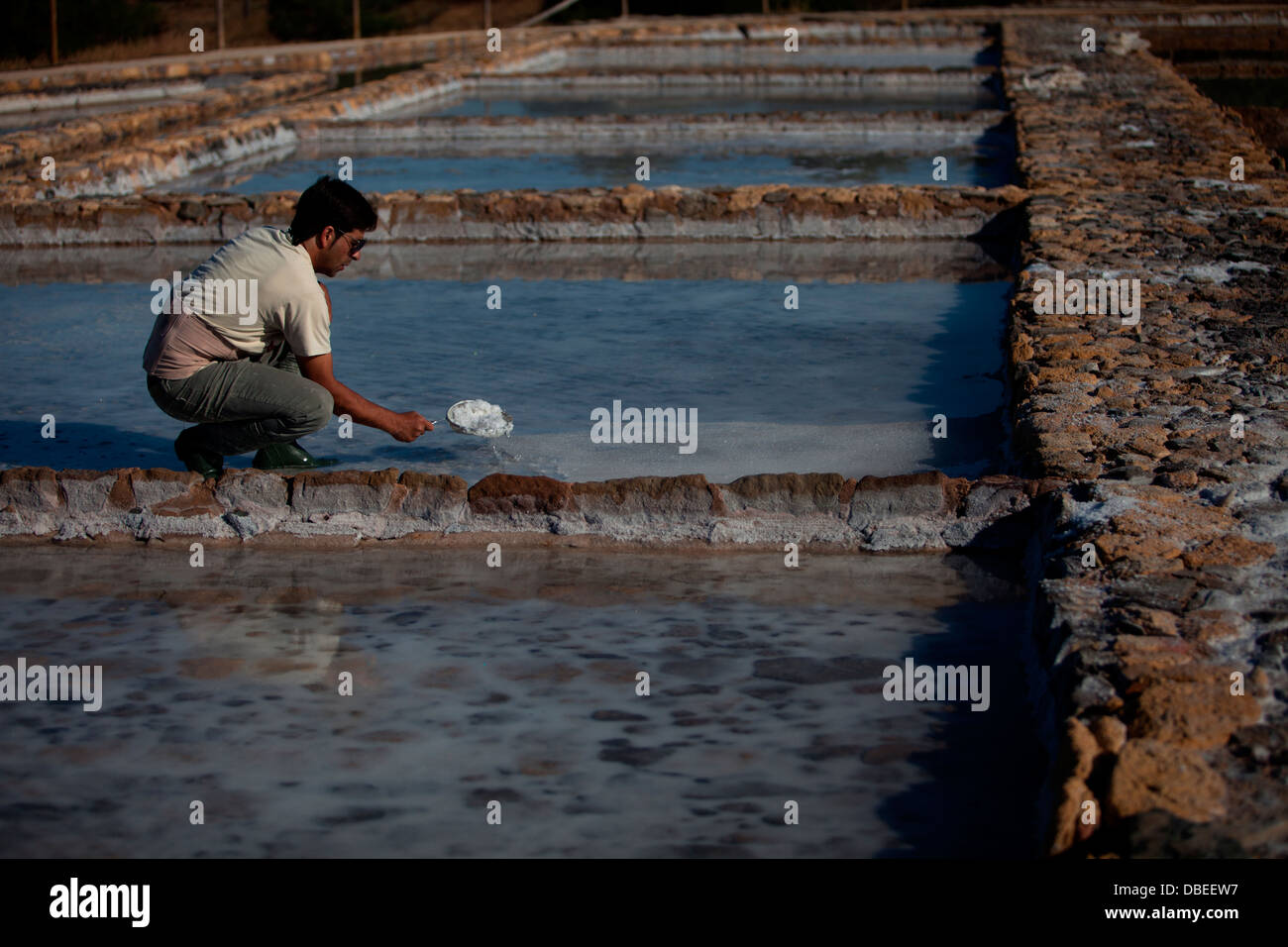 A worker collects flower of salt using a strainer at the Salinas de ...