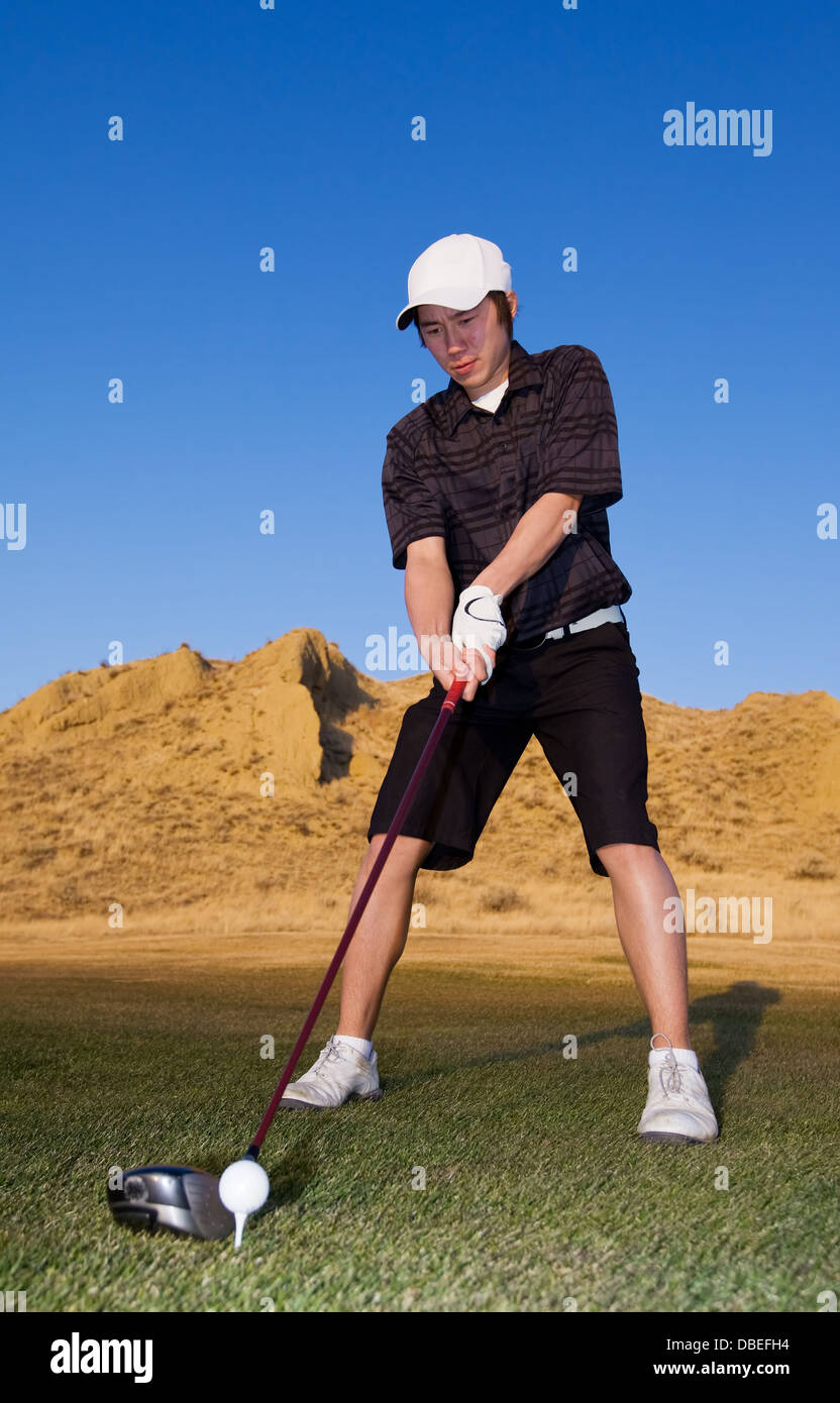 Golf player getting ready to drive the ball down the fairway Stock ...