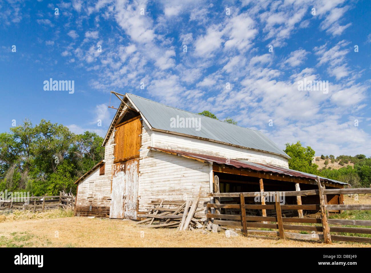 Old white barn with farm yard Stock Photo - Alamy