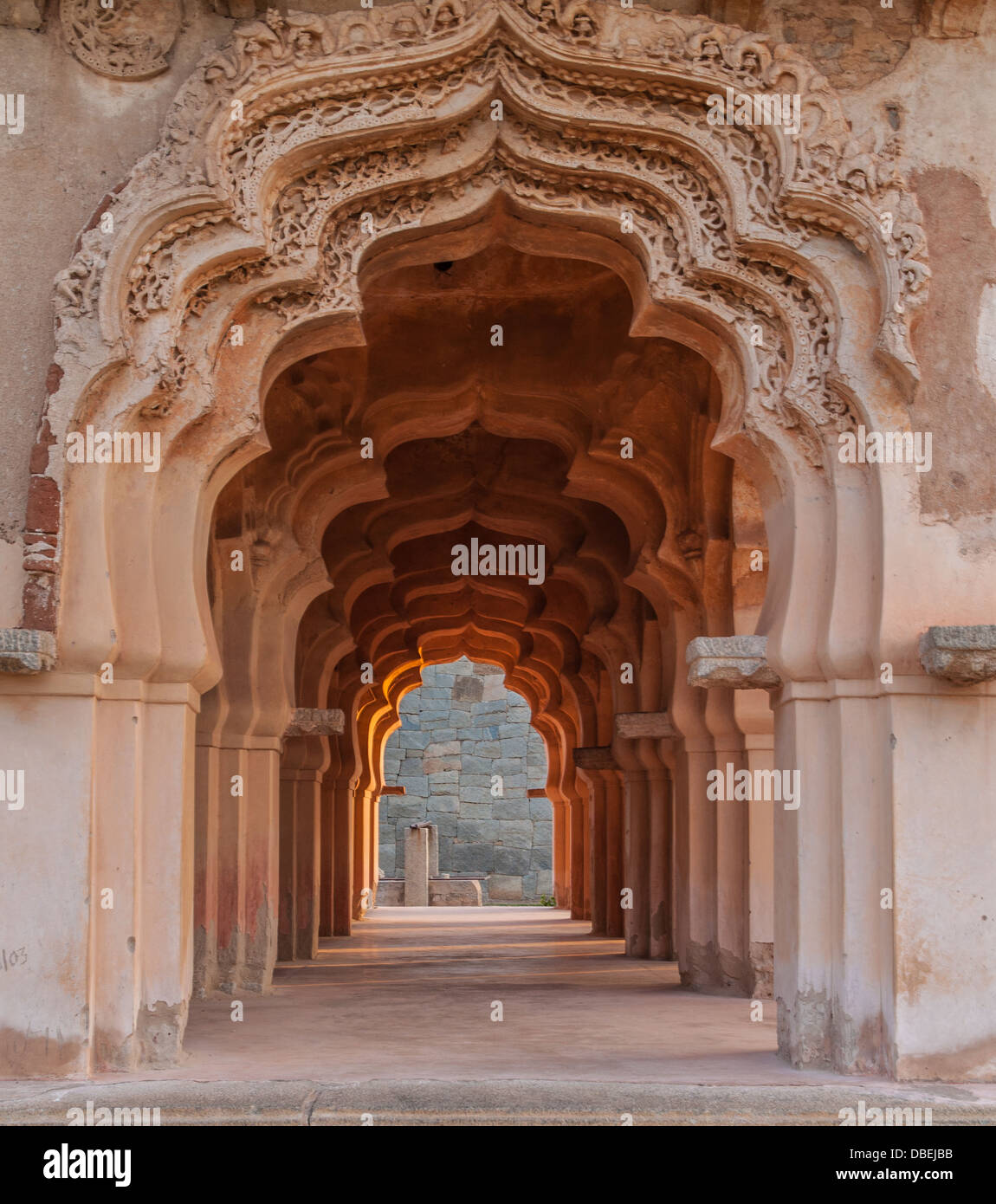 The ornate arches in the exquisite corridors of the Lotus mahal in the ...