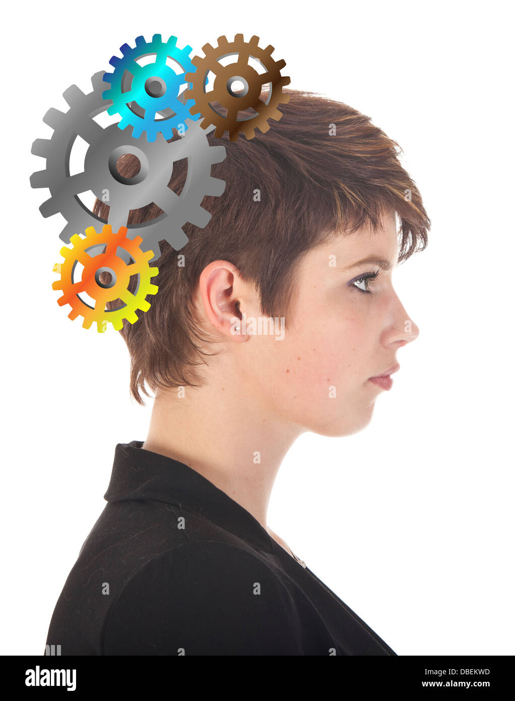 Young woman thinking with gears isolated on white background Stock ...