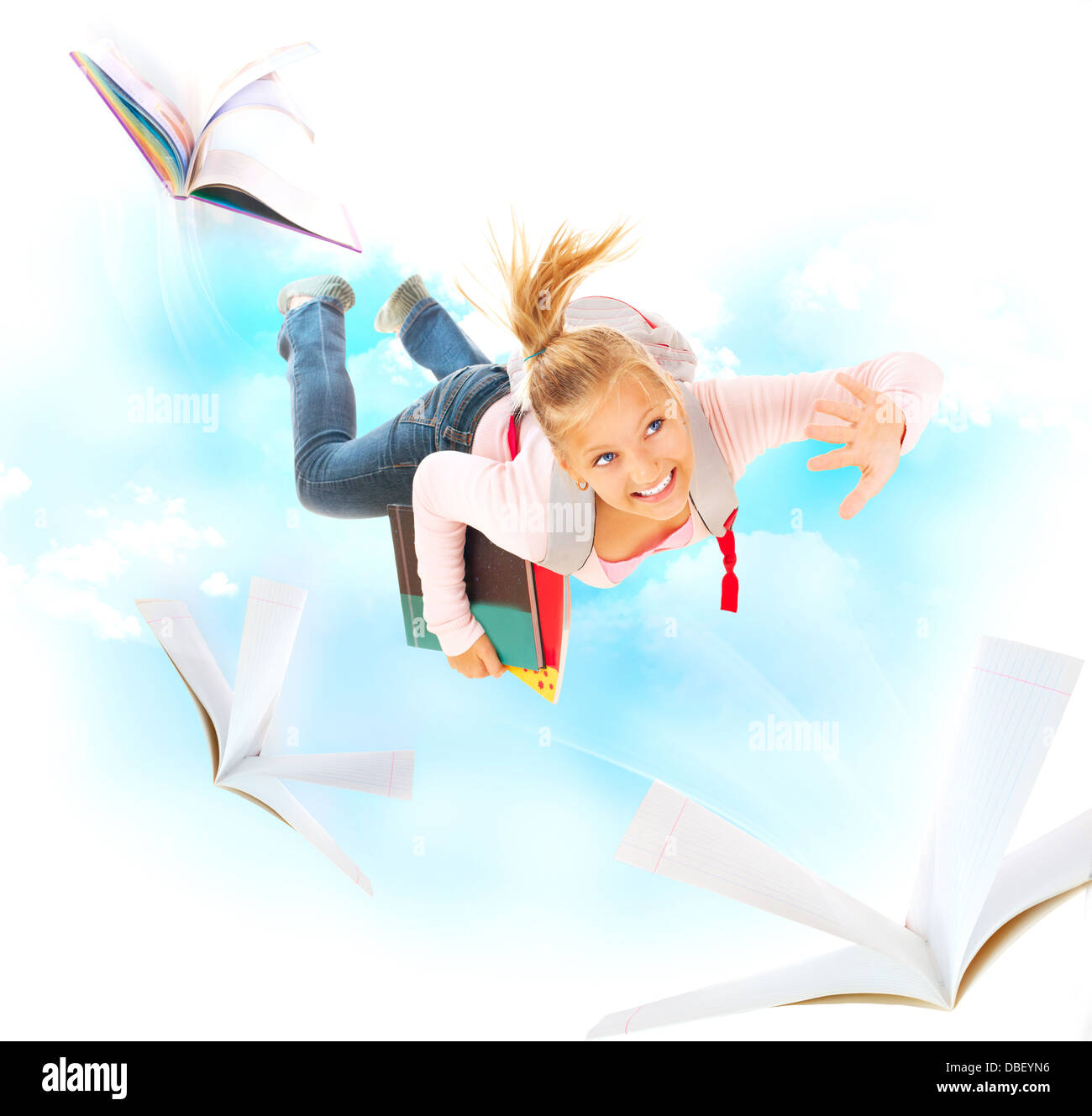 Back to School. Schoolgirl Flying With Her Books and Notebooks Stock ...